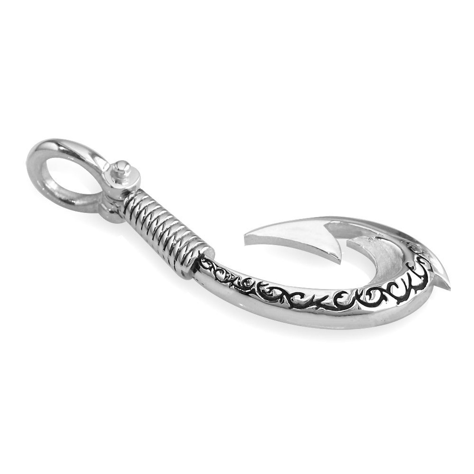 Large Hei Matau, Maori Tribal Fish Hook Charm With Black in Sterling ...