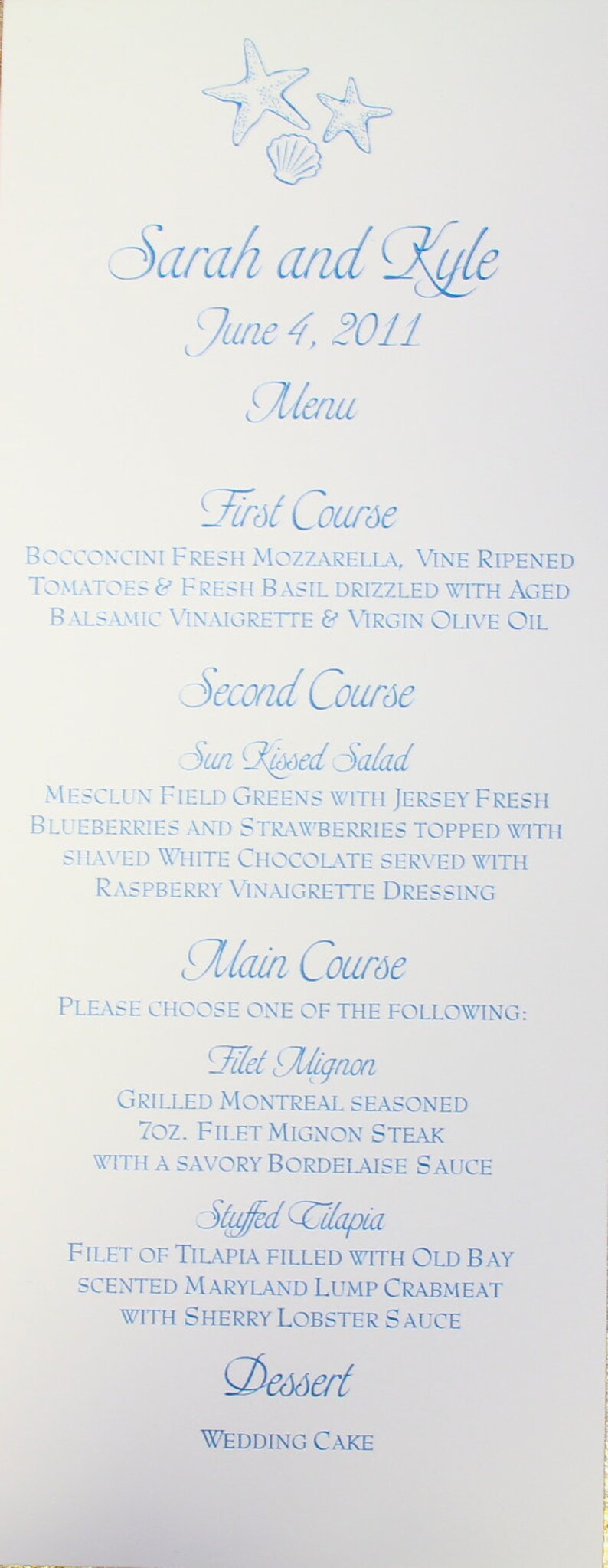 BEACH WEDDING MENU Reception Menu Shells and Starfish Motif - Etsy