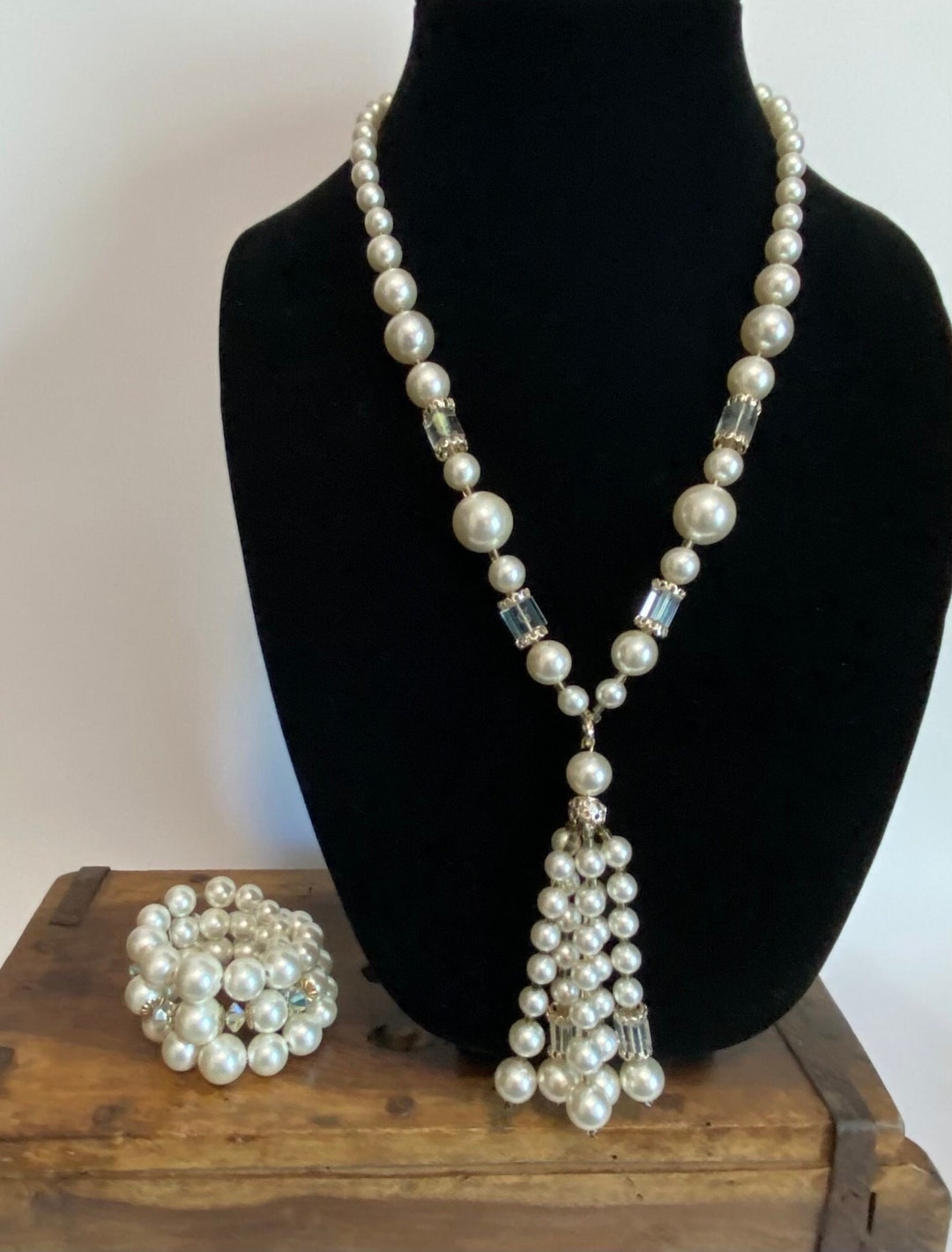 Vintage 50s 60s Married Set Faux Pearl and Cut Crystal Teardrop Tassel ...