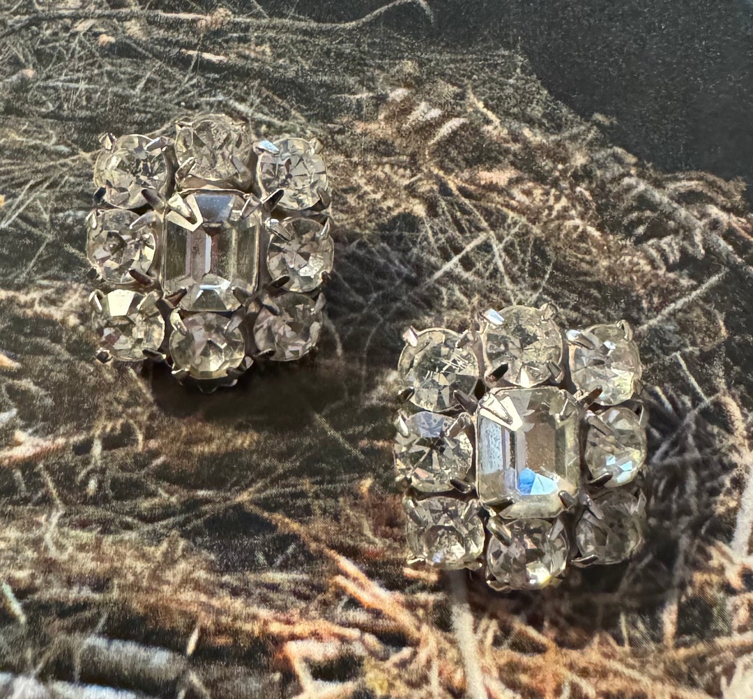 Vintage 60s Square Shape Clear Rhinestone Clip on Earrings! - Etsy
