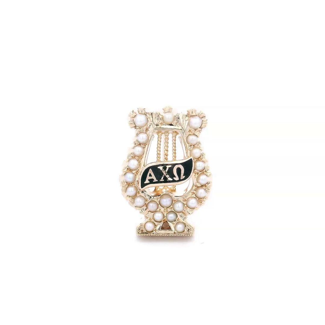 Alpha Chi Omega Pin: 10k Yellow Gold Lyre With Seed Pearls & Black ...