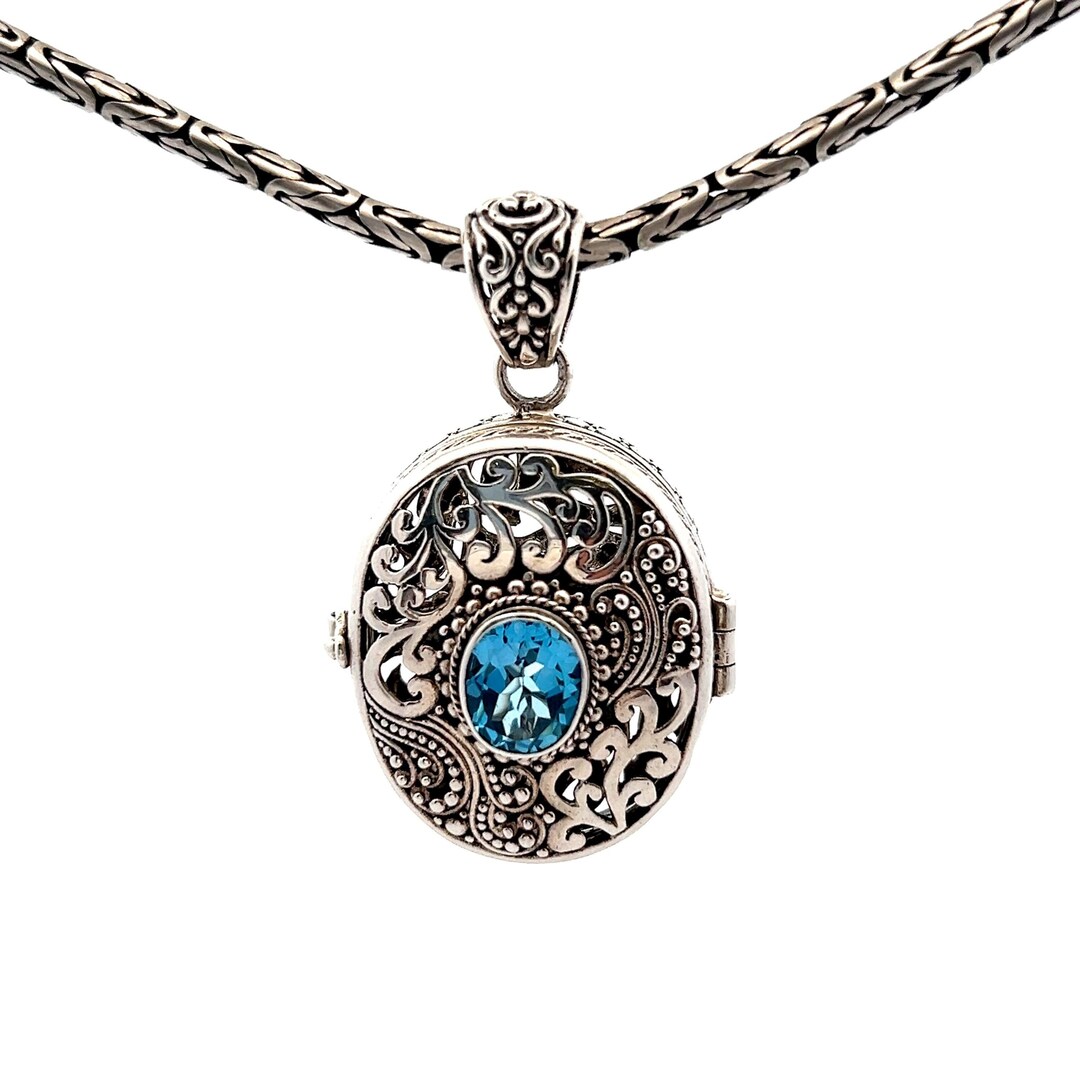 Sarda Sterling Silver Blue Topaz Locket Pendant - Balinese Byzantine ...