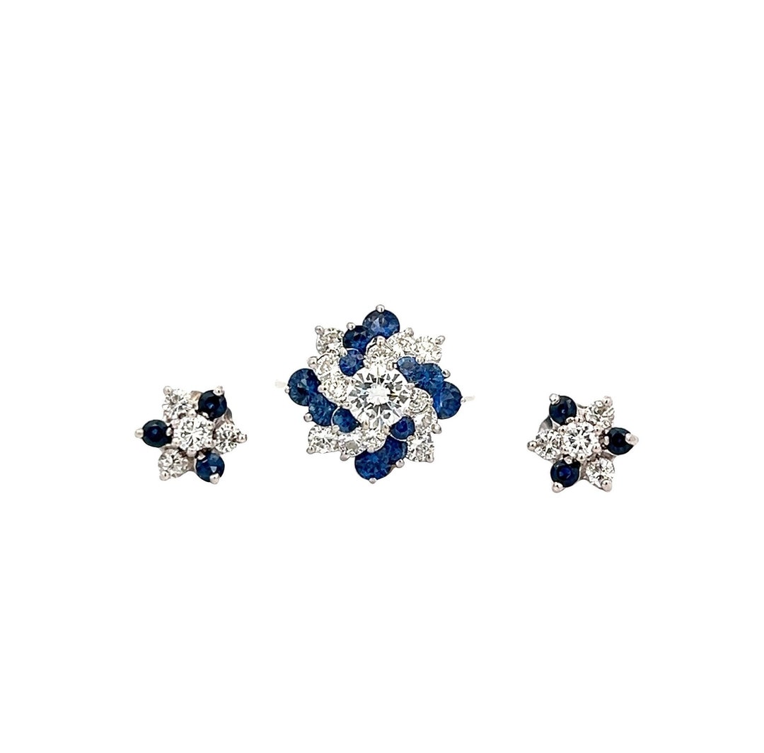 Vintage 14k White Gold Diamond & Sapphire Pinwheel Ring and Earring Set ...