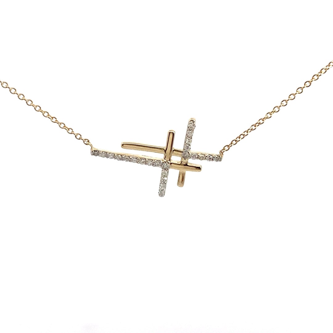 Diamond & 14k Yellow Gold Double Cross Necklace Sideways - Etsy