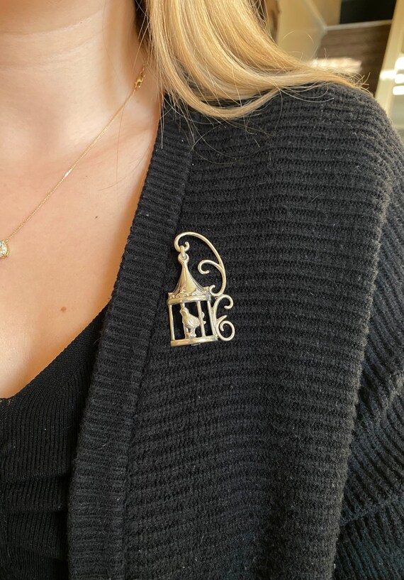 Signed Lang Sterling Silver Bird Cage Brooch Pin - Gem