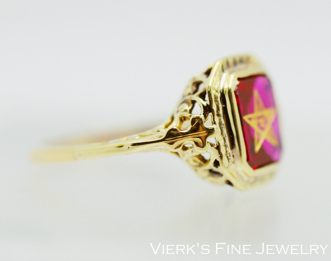 14k Yellow Gold Eastern Star Red Stone Filigree Ring Masonic | Etsy