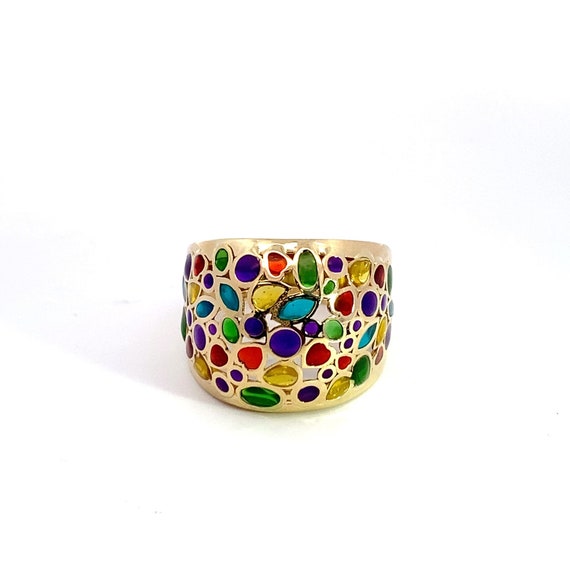 14k Yellow Gold Stained Glass Dome Ring - Gem