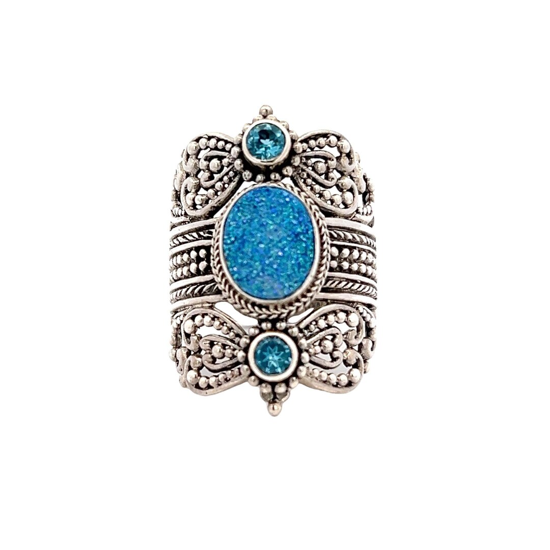 Sarda Sterling Silver Druzy Ring: Blue Topaz Beaded Bali Ring, Size 9 ...
