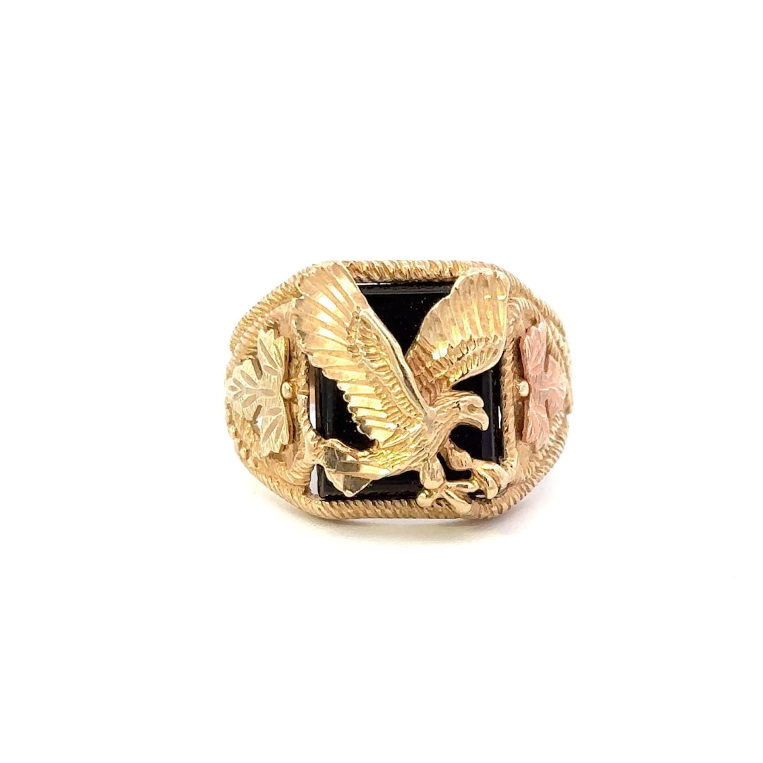 Black Hills Gold Onyx Eagle Ring 10k Yellow Rose Green Leaves Men's ...