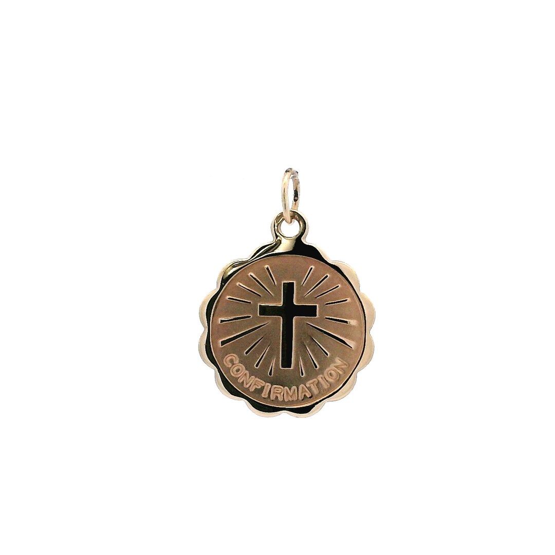 14k Gold Confirmation Pendant With Cross - Scalloped Edge Religious ...
