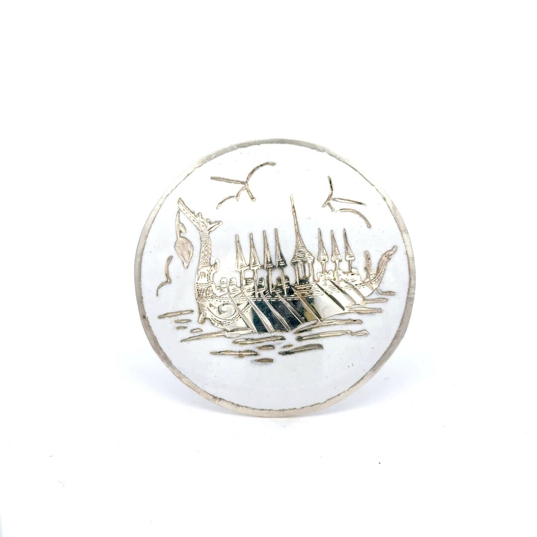 Siam White Niello Enameled Circle Brooch Pin Dragon Boat Vietnam ...