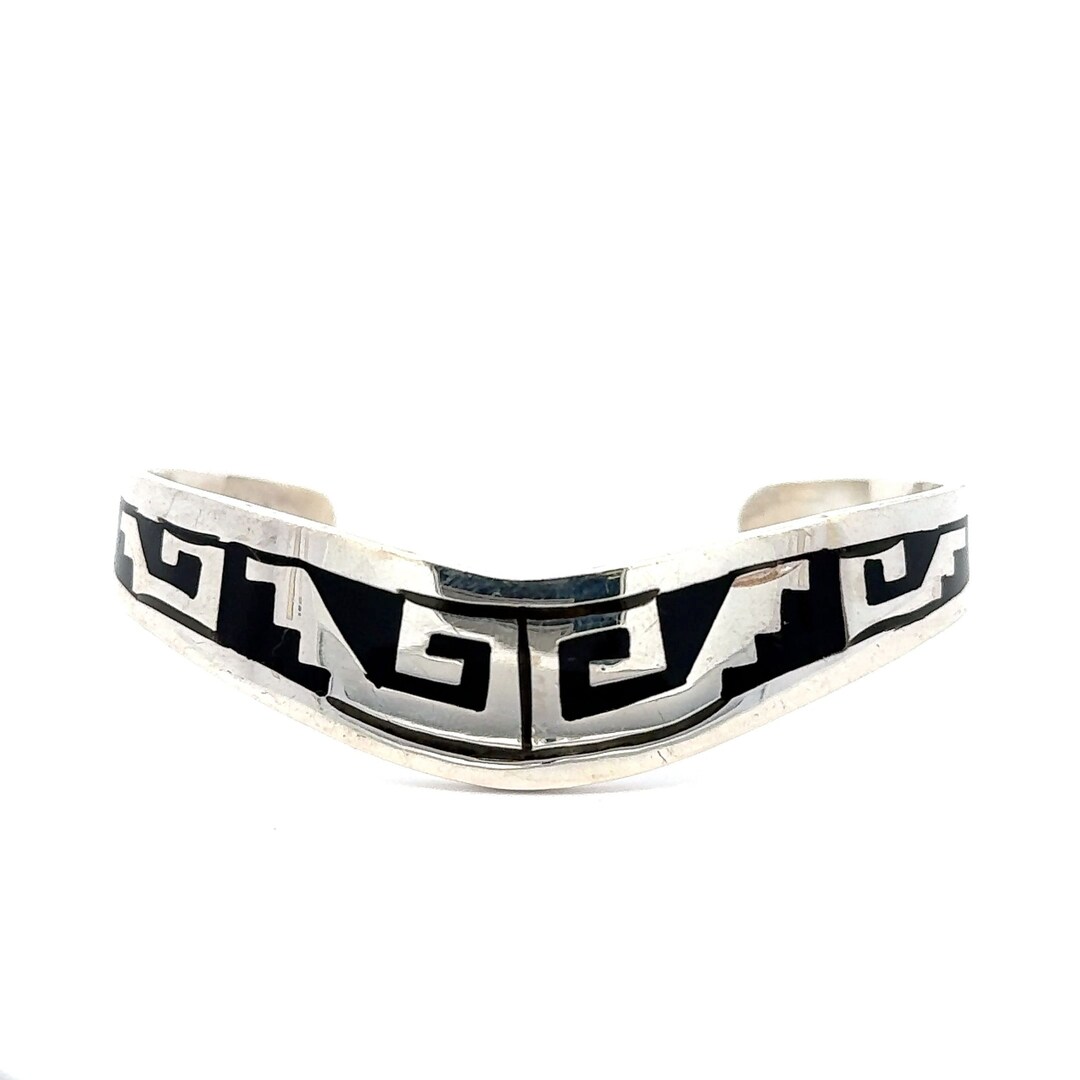 Taxco Signed Sterling Silver Cuff Bracelet Black Resin Inlay TV-21 TU ...
