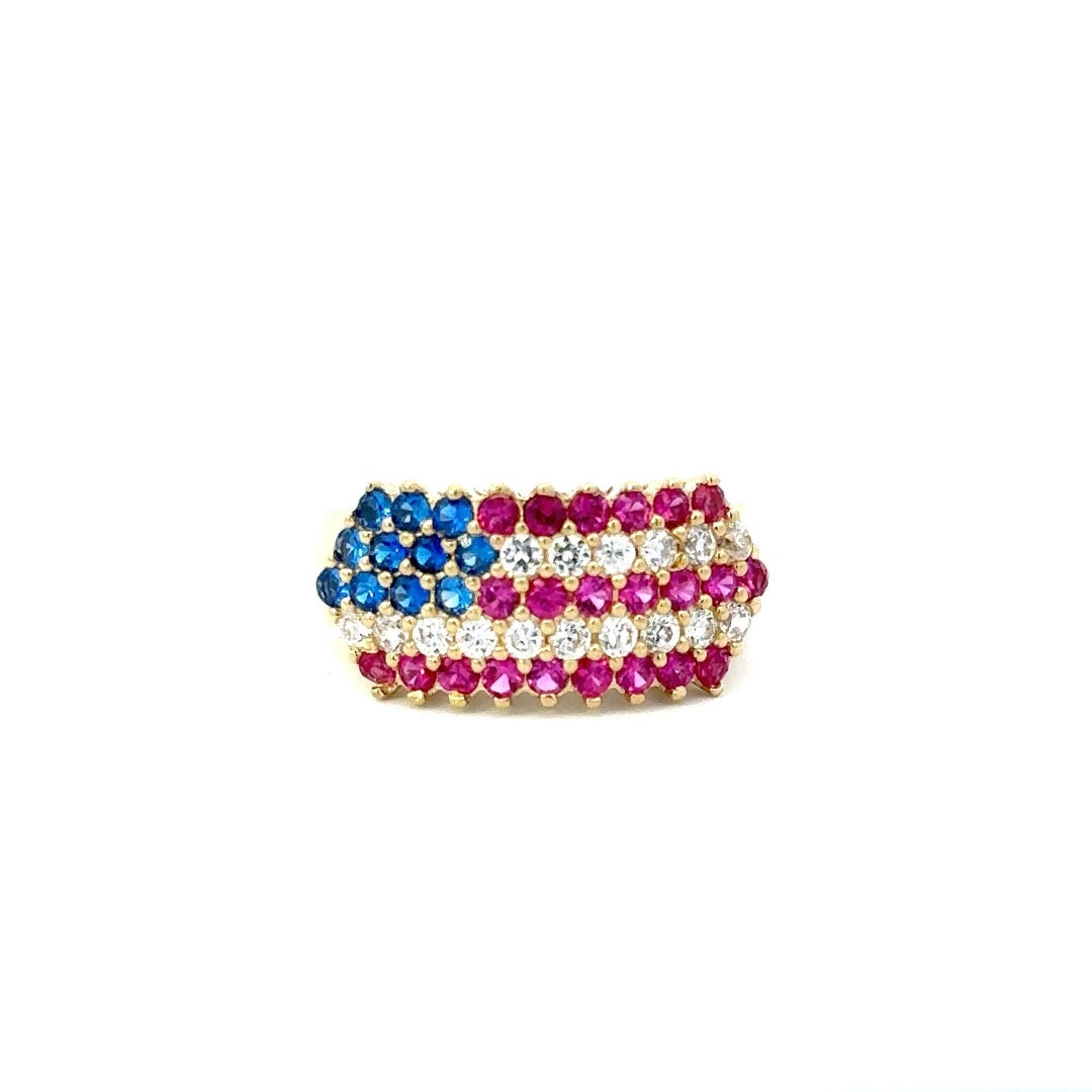 American Flag Band Ring Cubic Zirconia CZ 10k Yellow Gold Patriotic Red ...