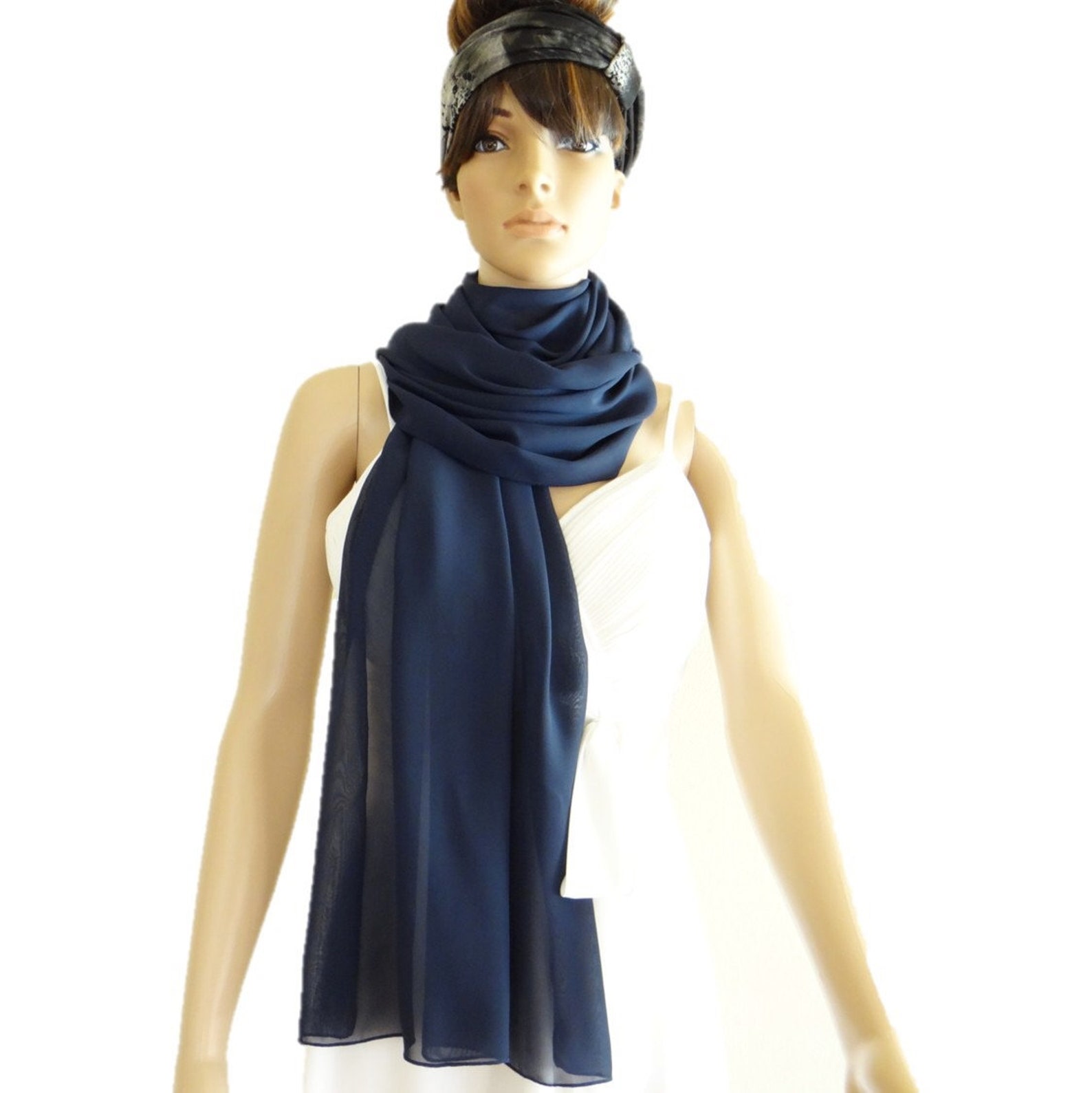 Navy Blue Wrap Scarf. Navy Blue Long Scarf. Soft Chiffon Shawl. Navy ...