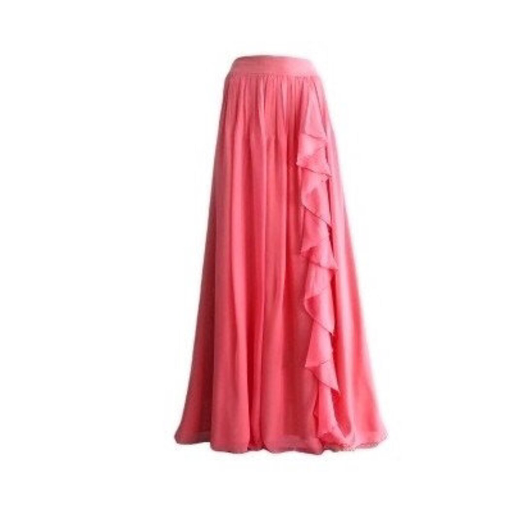 Coral Red Maxi Skirt. Coral Red Ruffle Skirt. Long Bridesmaid Skirt ...