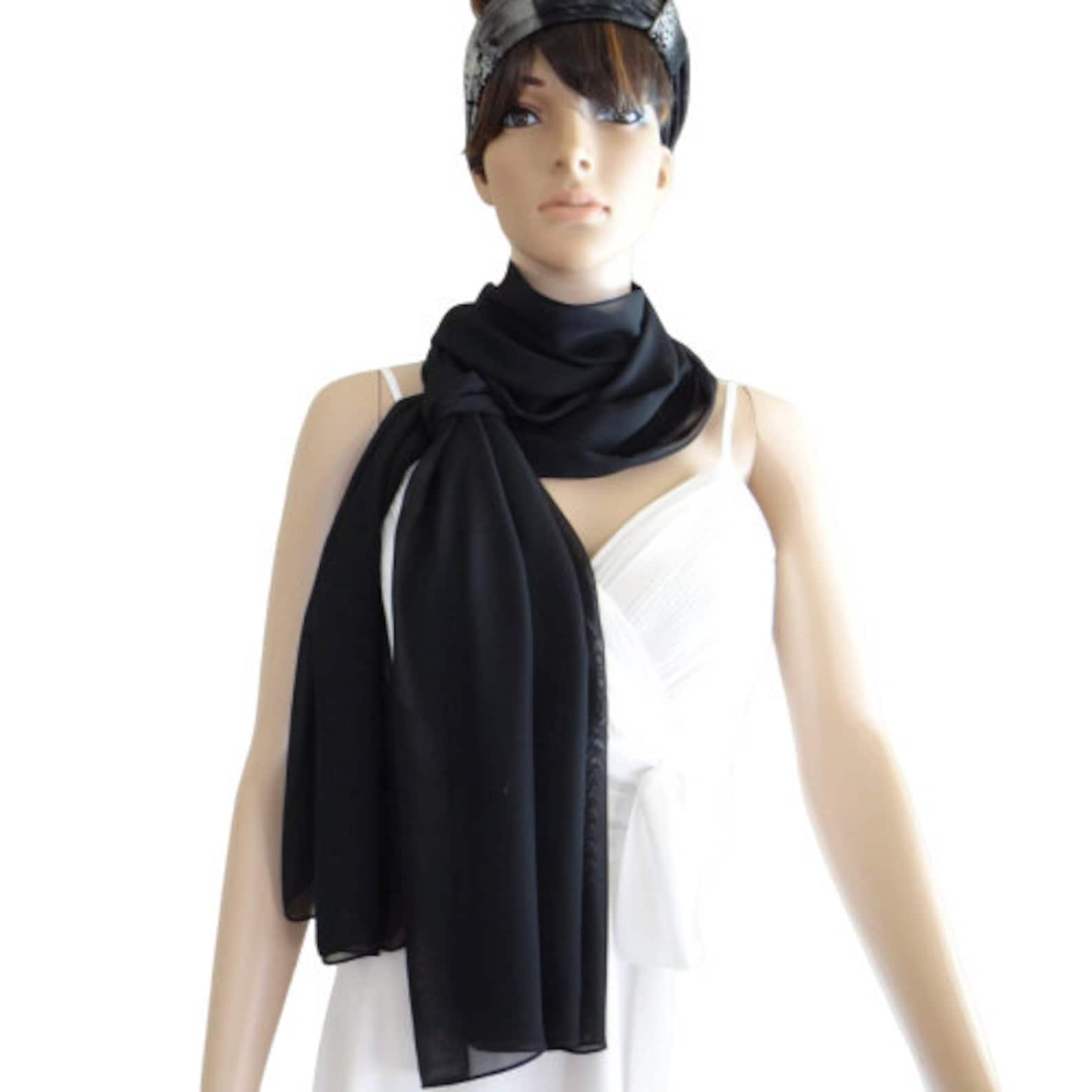 Black Long Scarf. Chiffon Scarf. Black Wrap Scarf. Black Chiffon Shawl ...