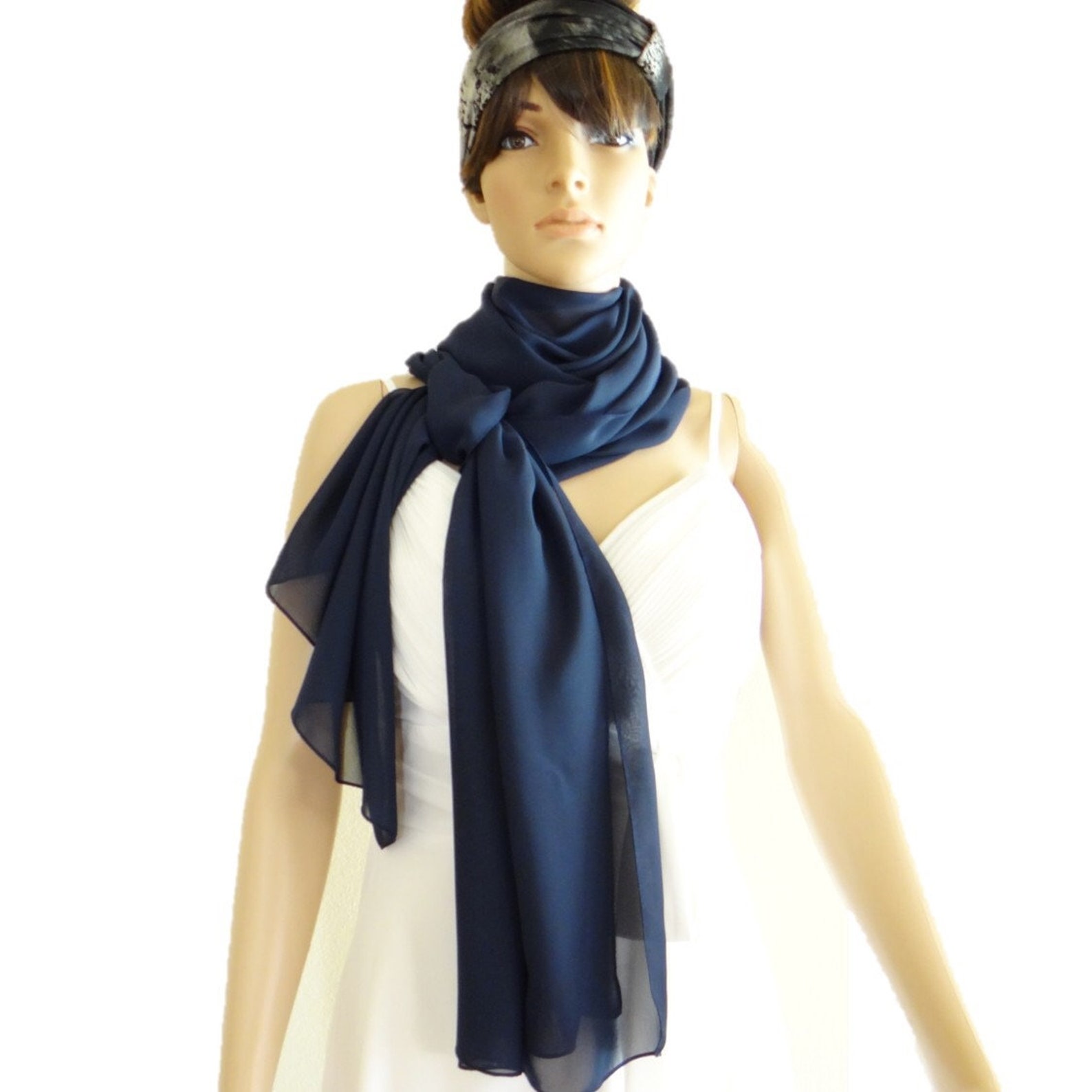 Navy Blue Wrap Scarf. Navy Blue Long Scarf. Soft Chiffon Shawl. Navy ...