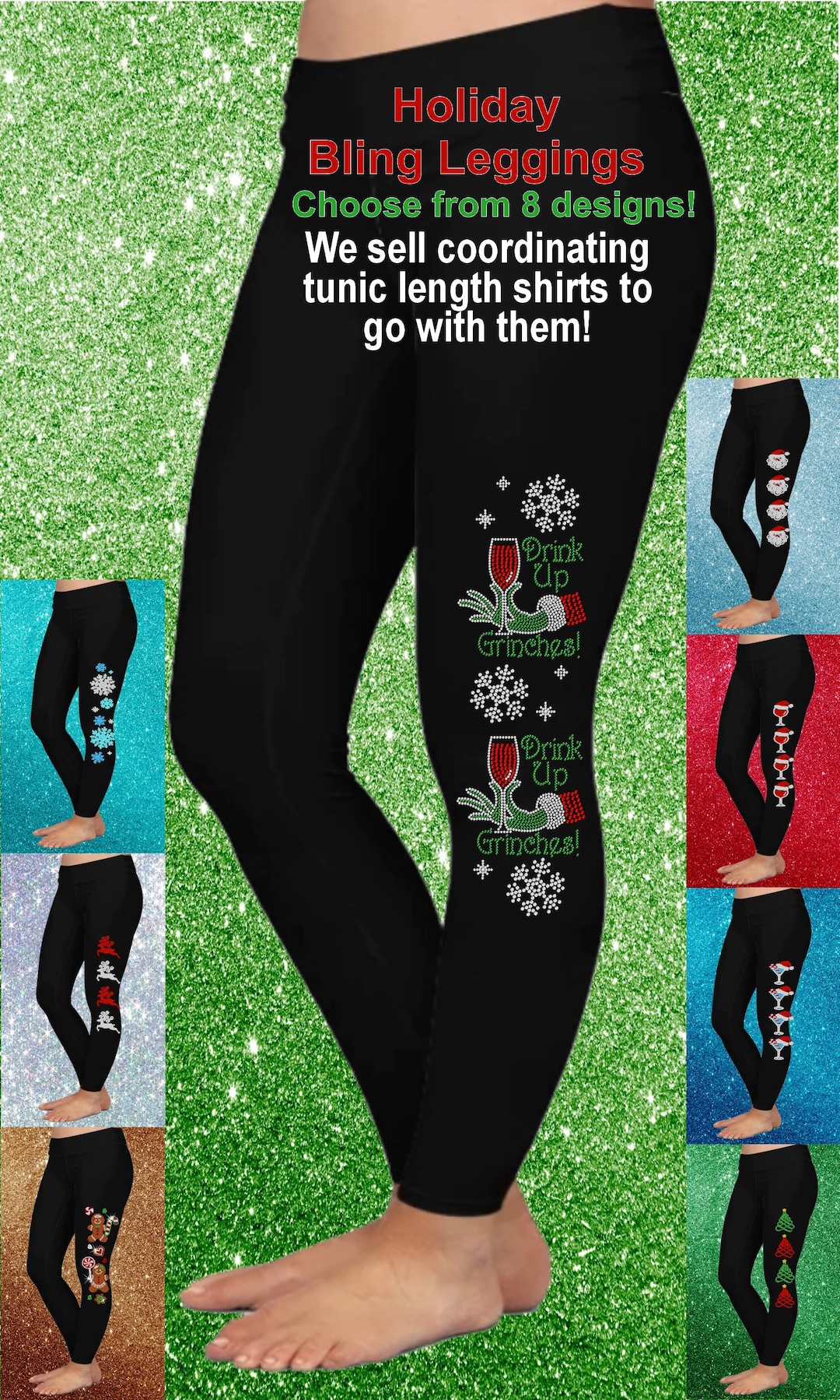 Christmas Rhinestone or Spangle Bling Leggings, Tween, Ladies, Plus ...