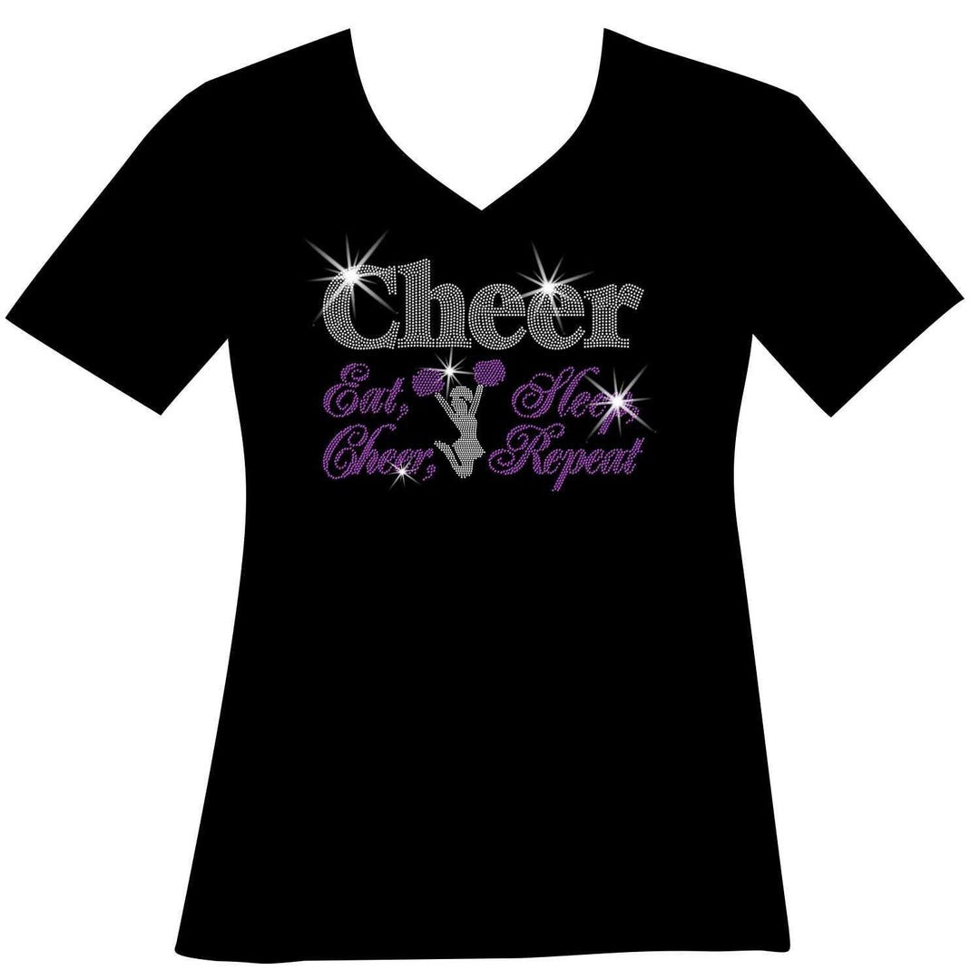Custom Eat Sleep Cheer Repeat Cheerleader Rhinestone Bling Shirt Cheer ...