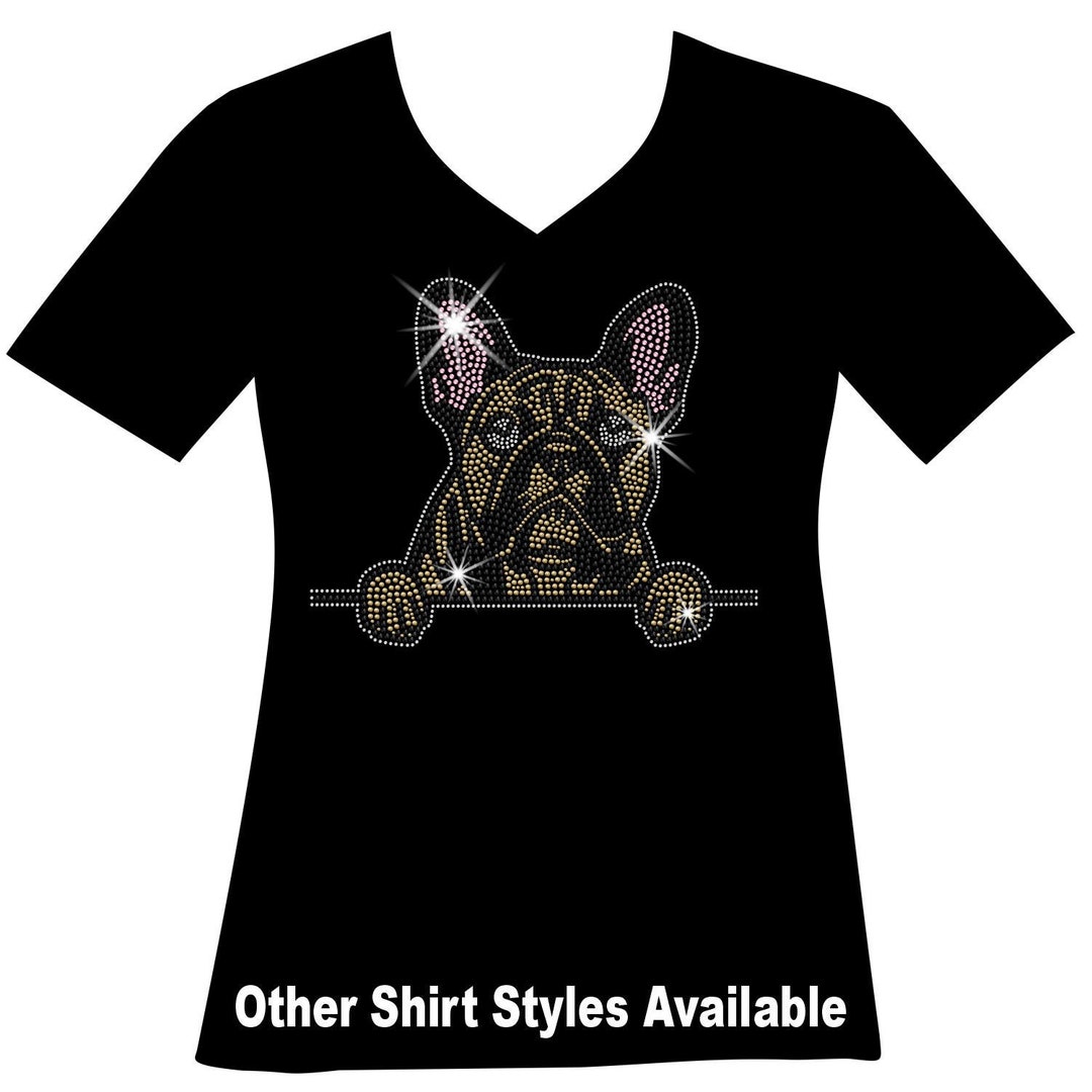 Cute French Bulldog Peeking Rhinestone Bling Shirt Bedazzled Frenchie ...