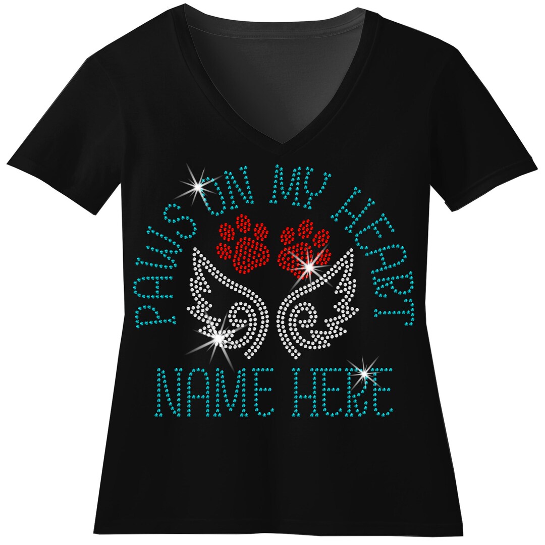 Pet Custom Bereavement RHINESTONE T Shirt Name Paws on My Heart Pet ...