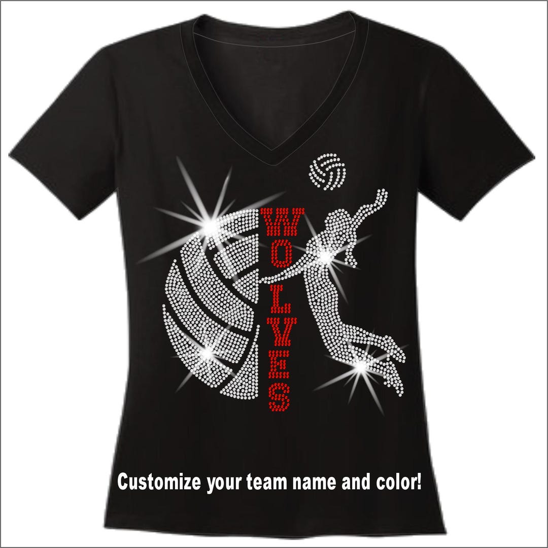 Custom Volleyball Girl Spiking the Ball RHINESTONE Mega Bling Shirt ...