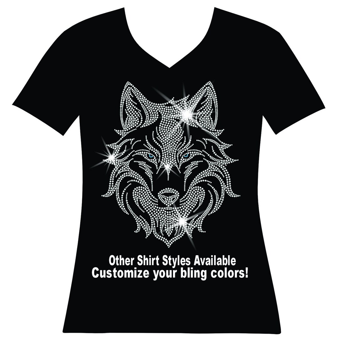 Wolf Head With Blue Eyes Rhinestone Mega Bling Shirt, Husky Lover Bling ...
