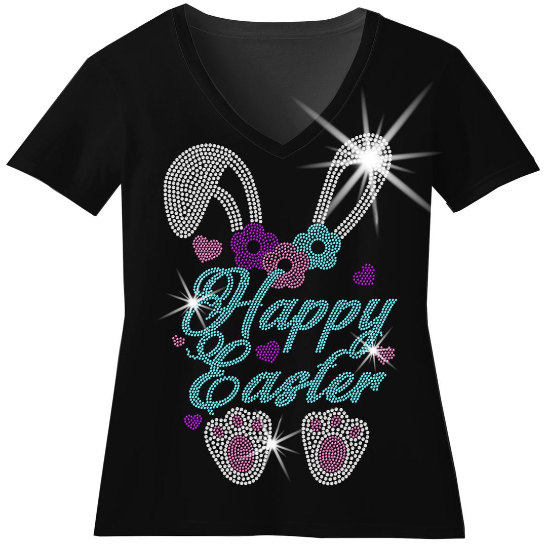 Happy Easter Bunny Ears and Feet Rhinestone Bling Shirt Happy Easter ...