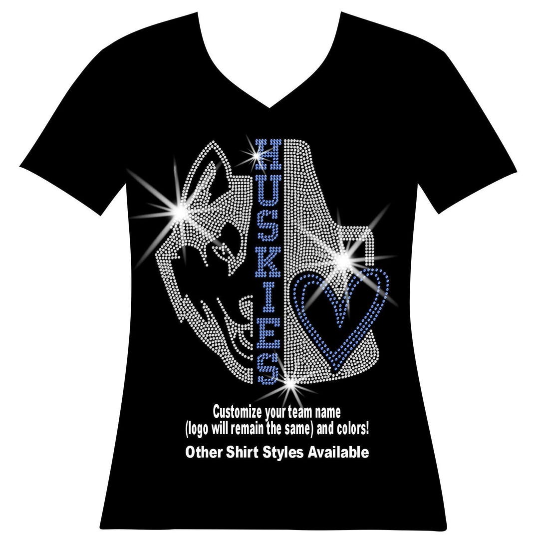 Half Husky Head and Megaphone Cheer Heart Rhinestone Bling Shirt Cheer ...