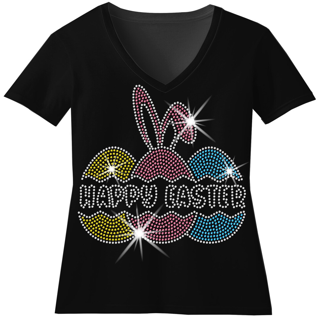 Cracked Egg Happy Easter Bunny Ears Rhinestone Bling Shirt Bedazzled ...