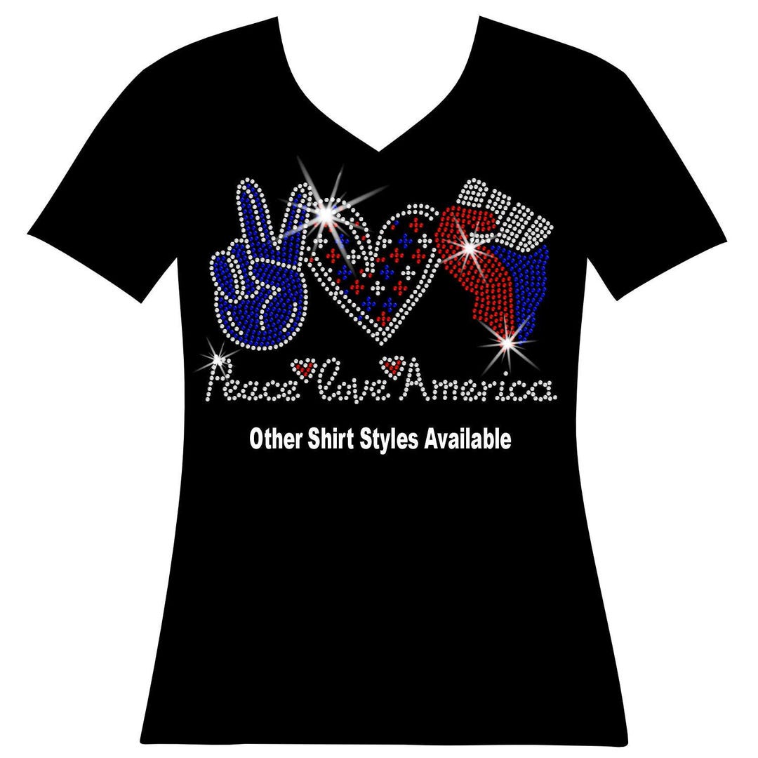 Peace Love America Patriotic Fist RHINESTONE Mega Bling Shirt, Trump ...