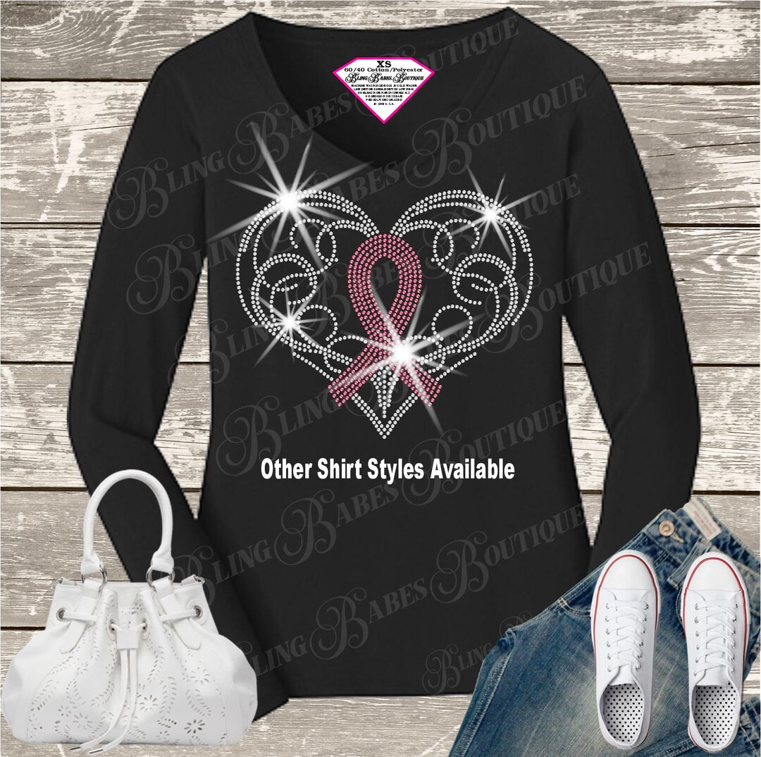Heart Awareness Ribbon RHINESTONE Mega Bling Shirt, Breast Cancer ...
