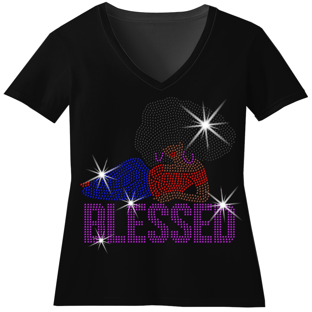 Christian Gospel Bedazzled Bling Shirt BLESSED Afro Lady Rhinestone ...