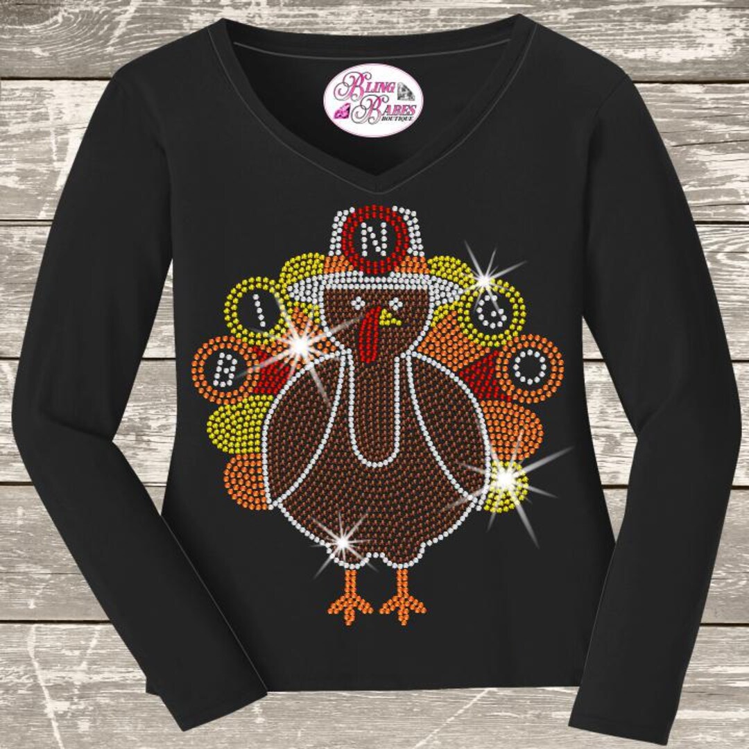 Turkey Bingo Ball Feathers Rhinestone Bling Shirt Come on Caller Make ...