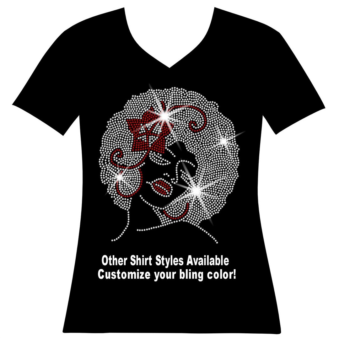 Beautiful Afro Lady With Flower RHINESTONE Mega Bling Shirt, Woman's ...