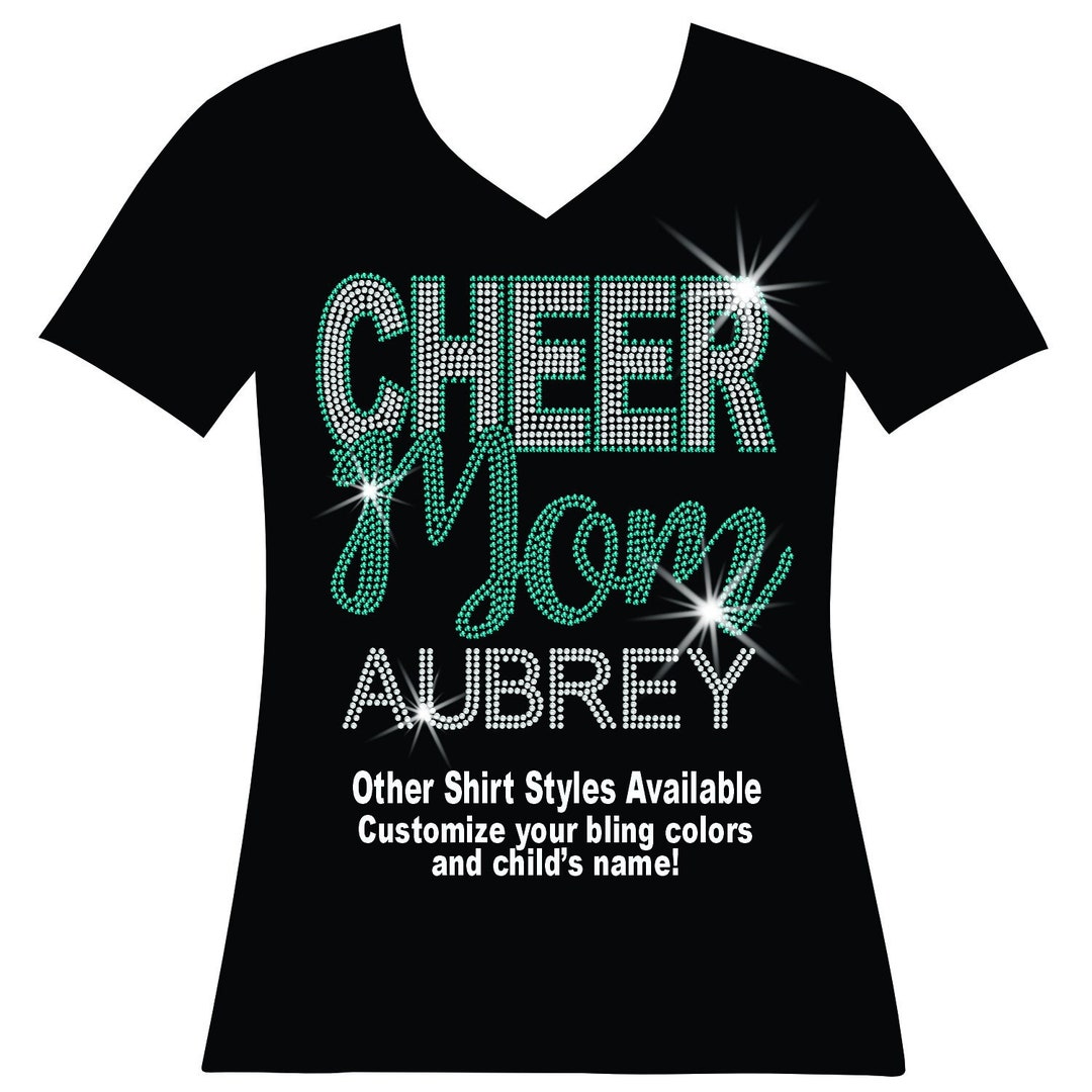Cheer Cursive Mom With Name RHINESTONE Mega Bling Shirt Custom Cheer ...