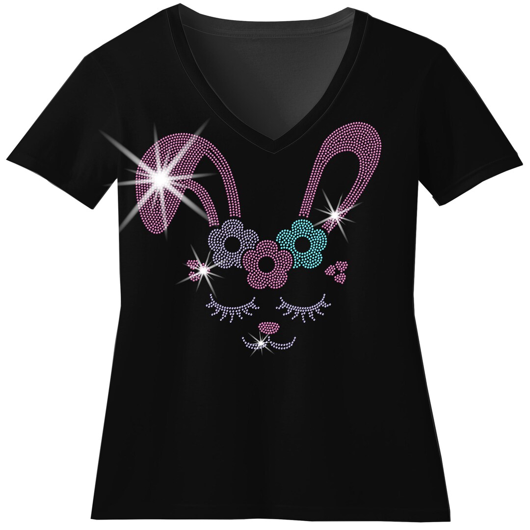 Easter Bunny Face With Flowers Rhinestone Bling Shirt Easter Dinner ...