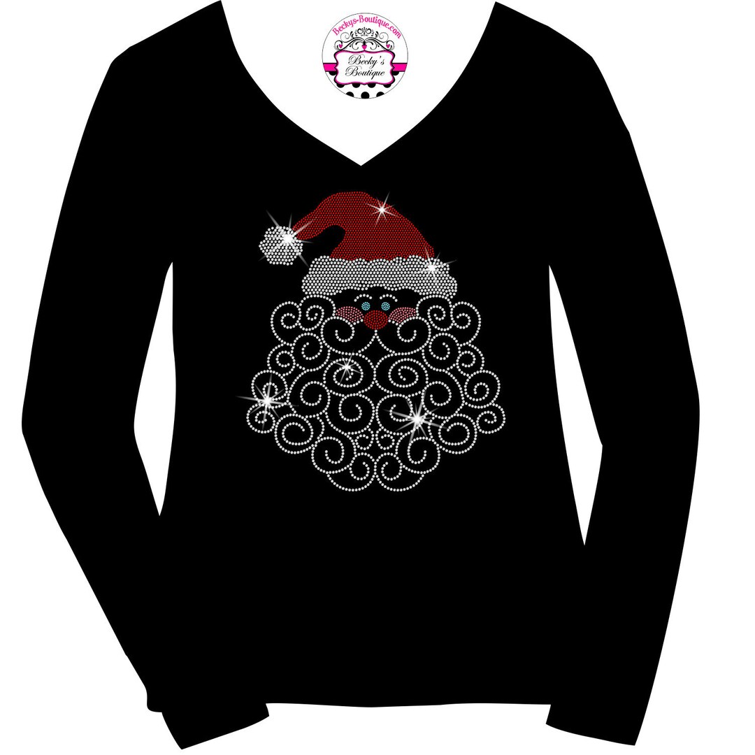 Christmas Santa Face With Swirly Beard Rhinestone Mega Bling Shirt ...