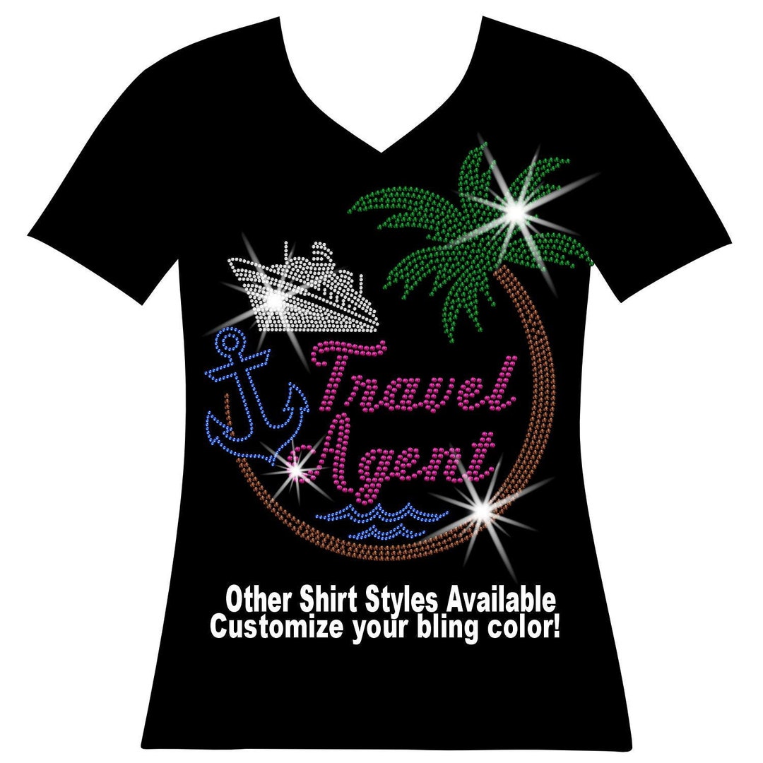 Travel Agent With Cruise Ship and Palm Tree RHINESTONE Mega Bling Shirt ...
