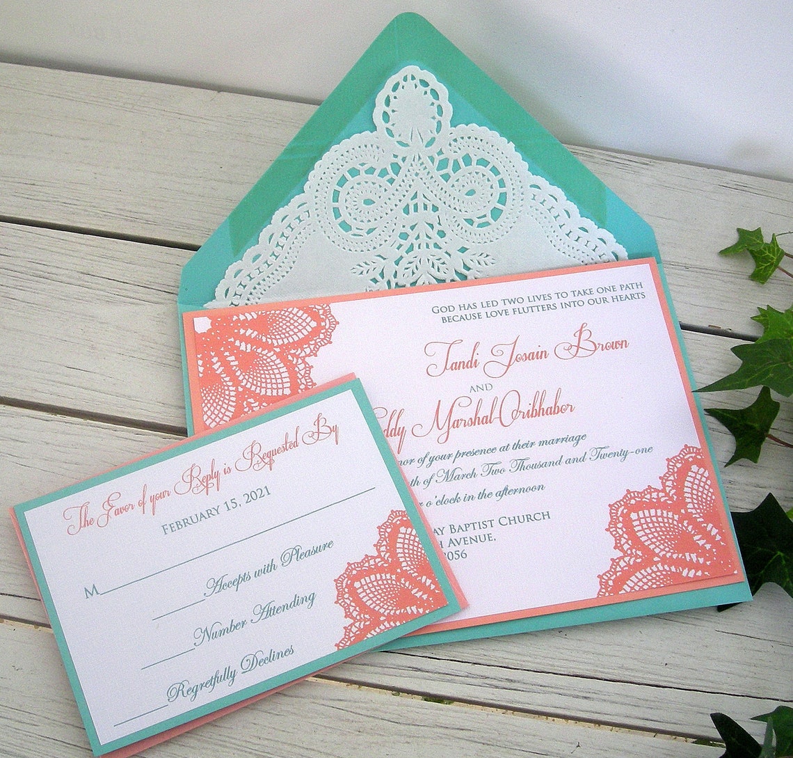 Coral Wedding Invitations Turquoise Wedding Invitations Doily - Etsy