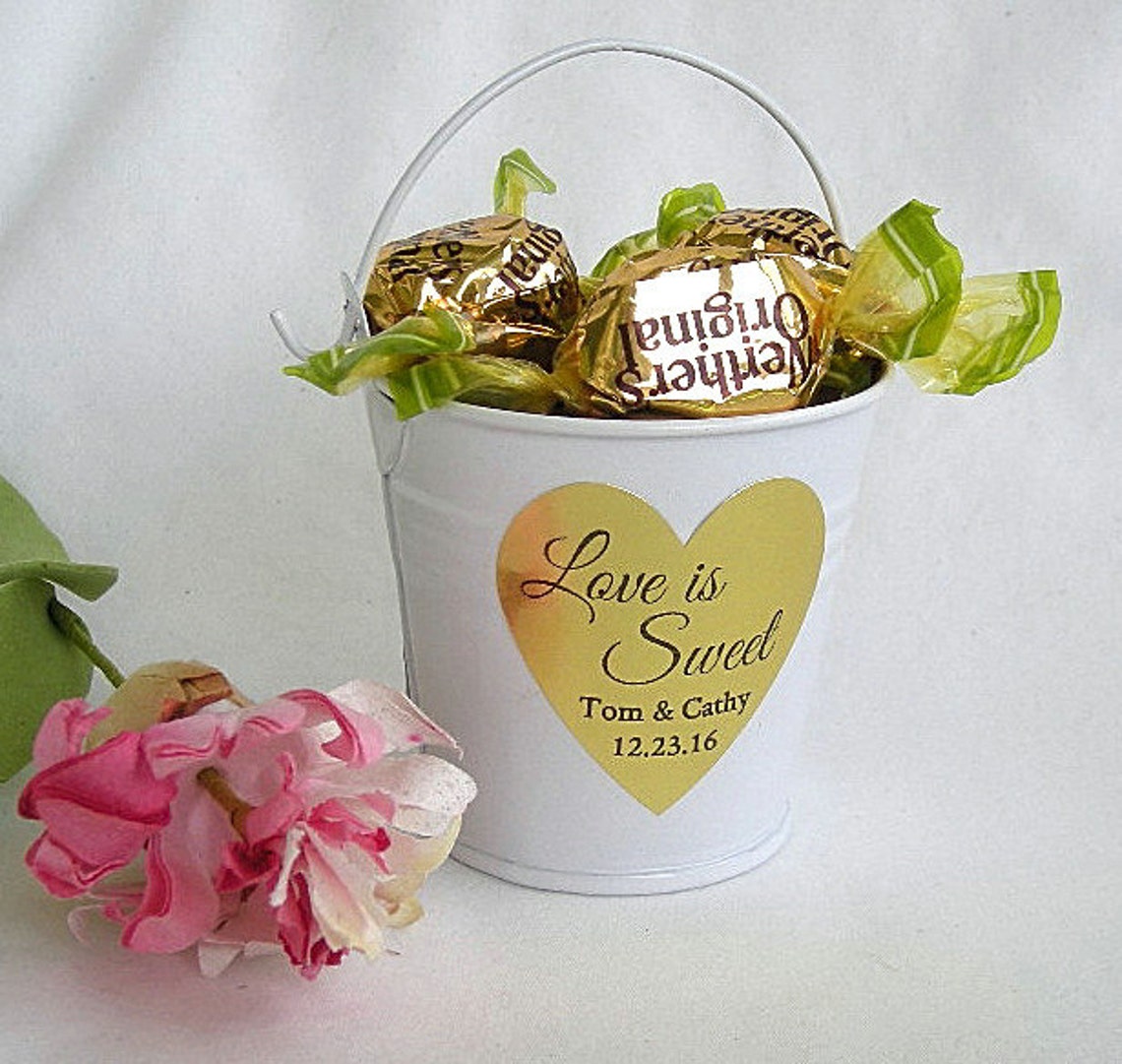White Mini Bucket Favor Tin Pail Favors Love is Sweet Wedding | Etsy