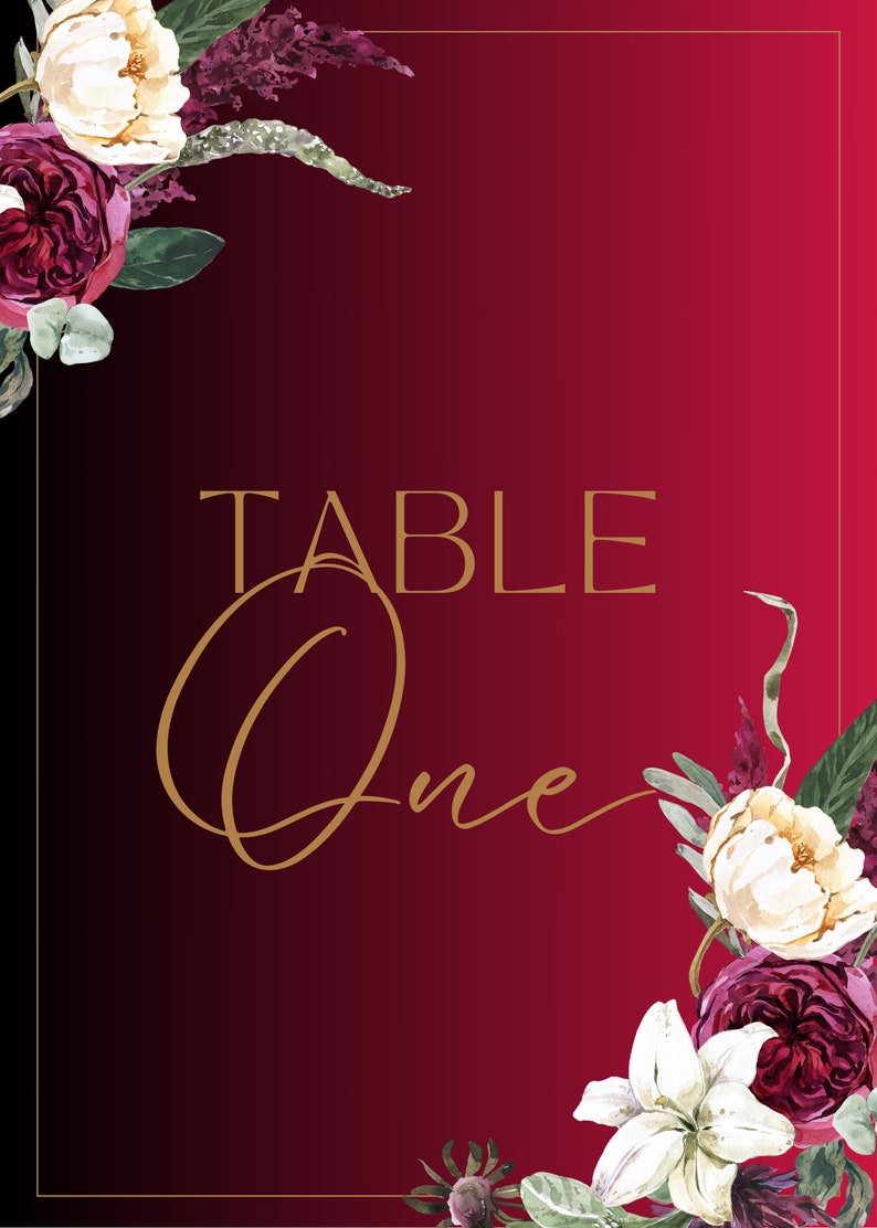 Ruby and Gold Floral Wedding Table Numbers - Etsy