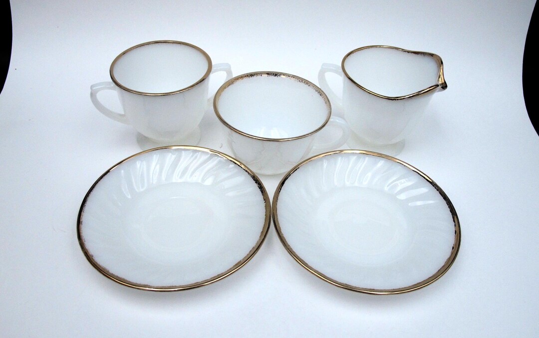 Fire King Swirl Golden Anniversary Creamer Sugar Cup and 2 Saucers ...