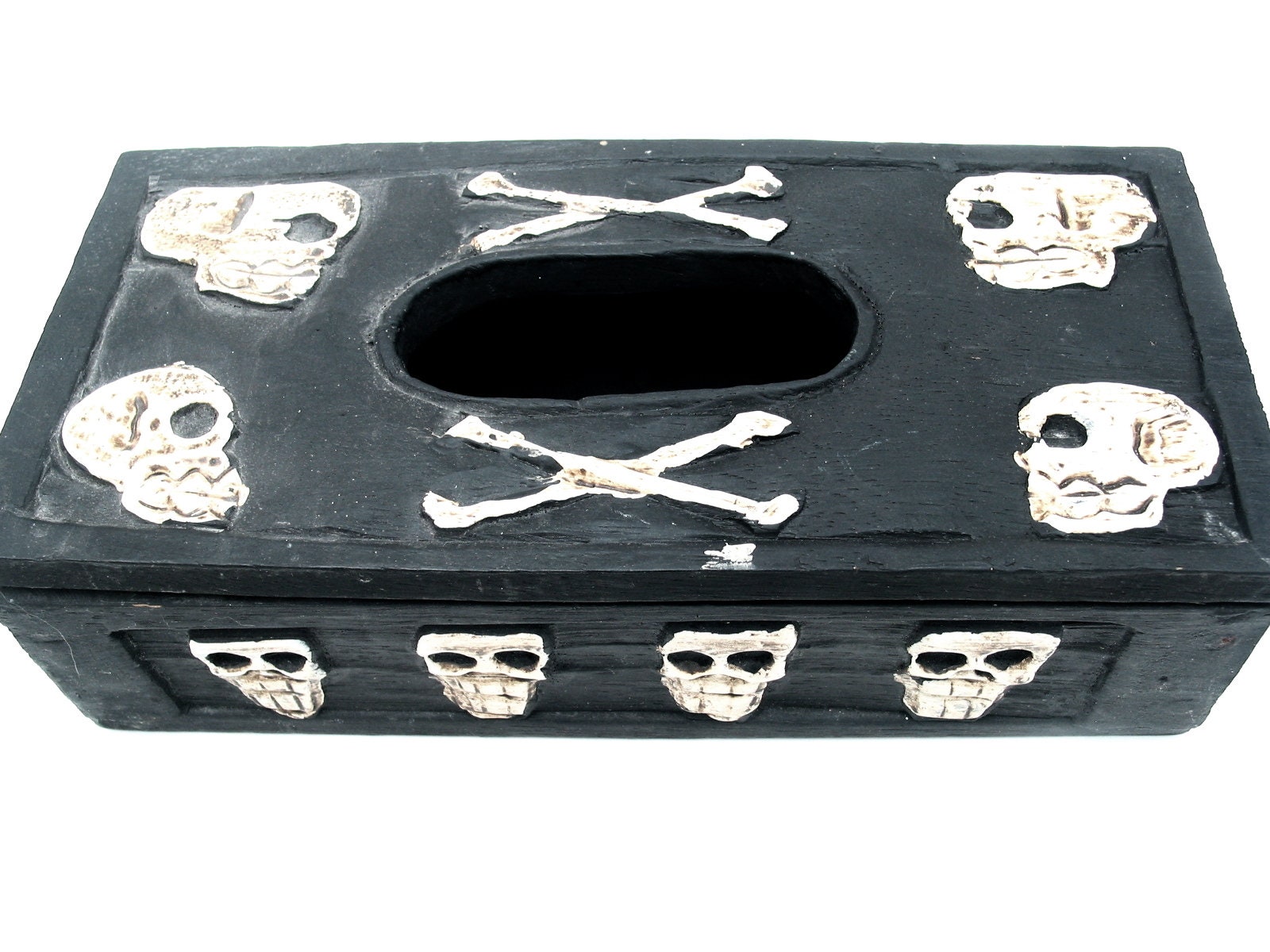 Skull Tissue Box Black Wood Hinged Box With Skulls and Crossbones ...