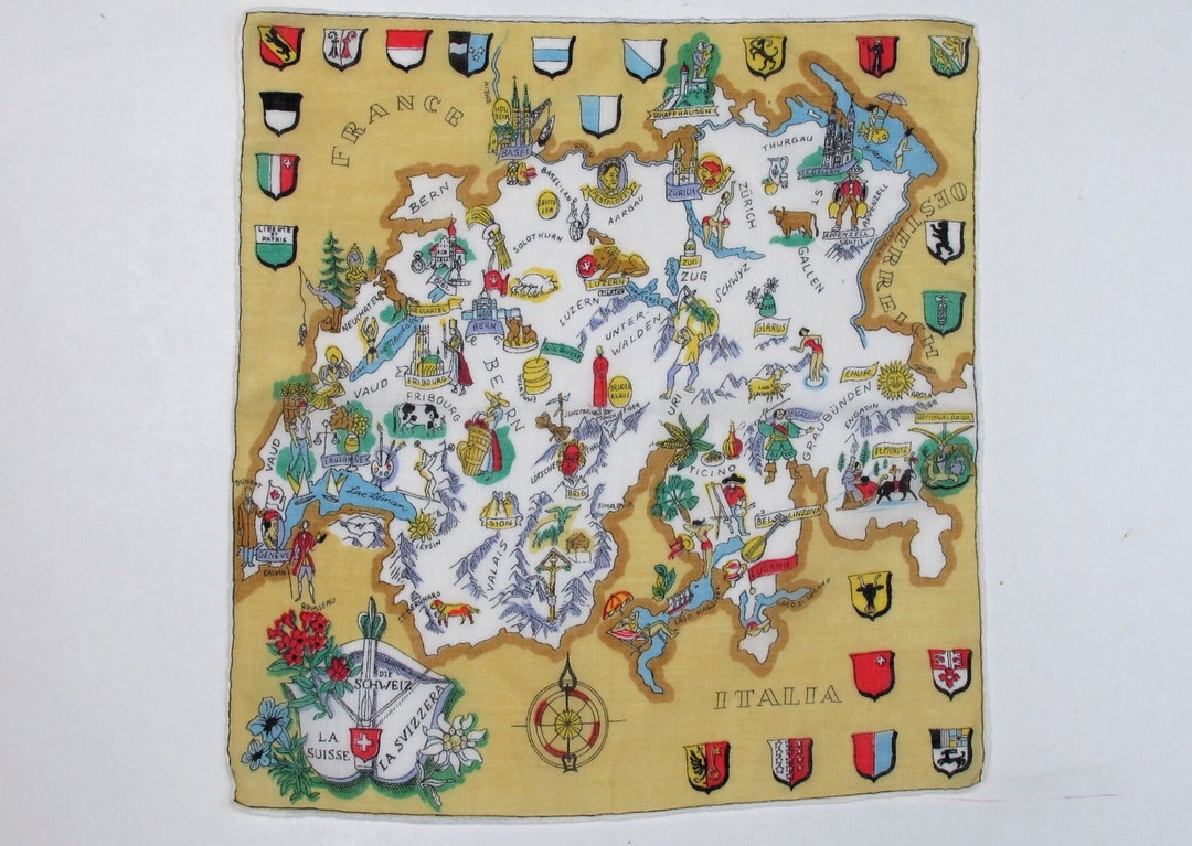 European Map Souvenir Handkerchief Vintage Mid Century Novelty Hankie ...