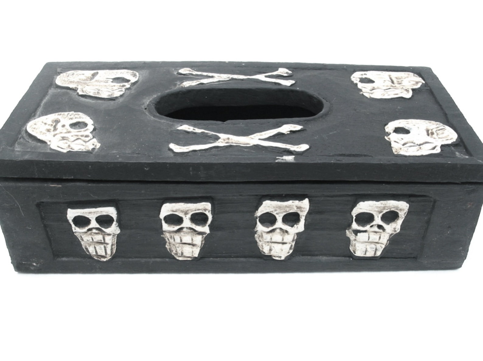 Skull Tissue Box Black Wood Hinged Box With Skulls and Crossbones ...