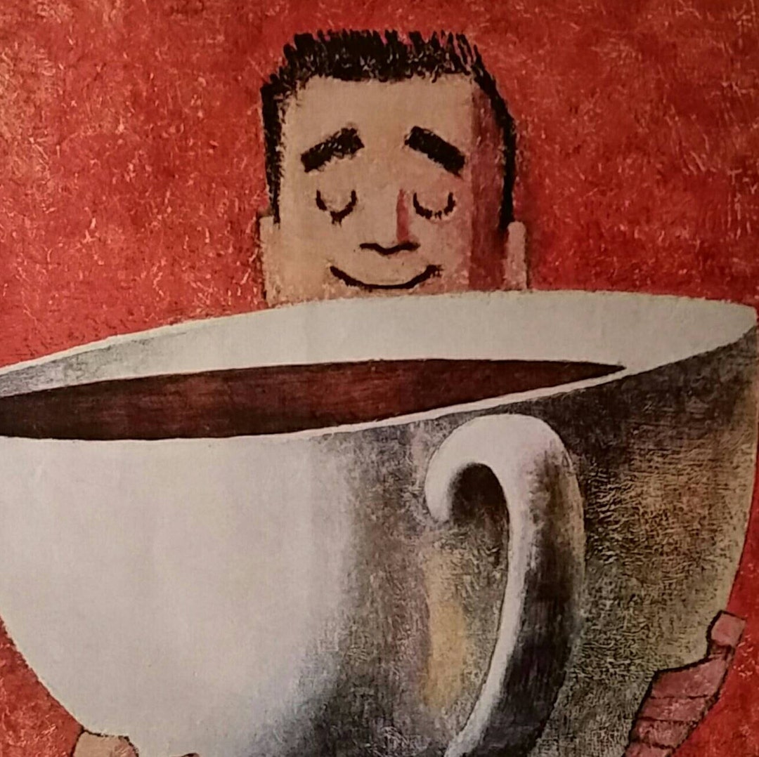 Vintage Coffee Advertisement - Classic Man Holding a Large Cup of ...