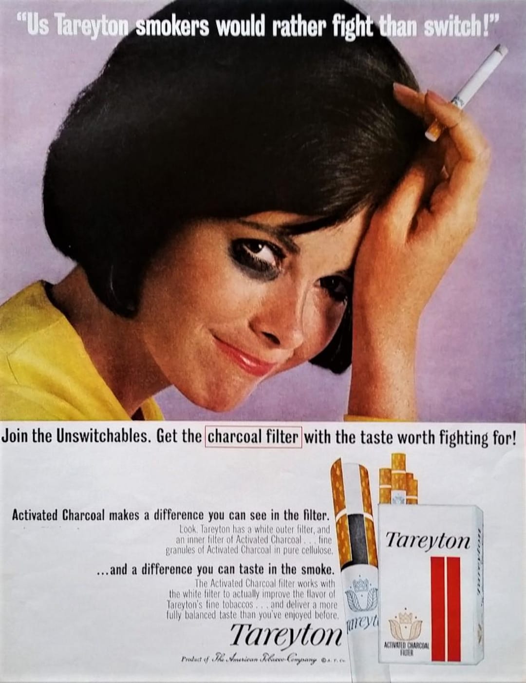 1970s Tareyton Cigarette Ad, Black Eye Brunette Print, Ready for ...