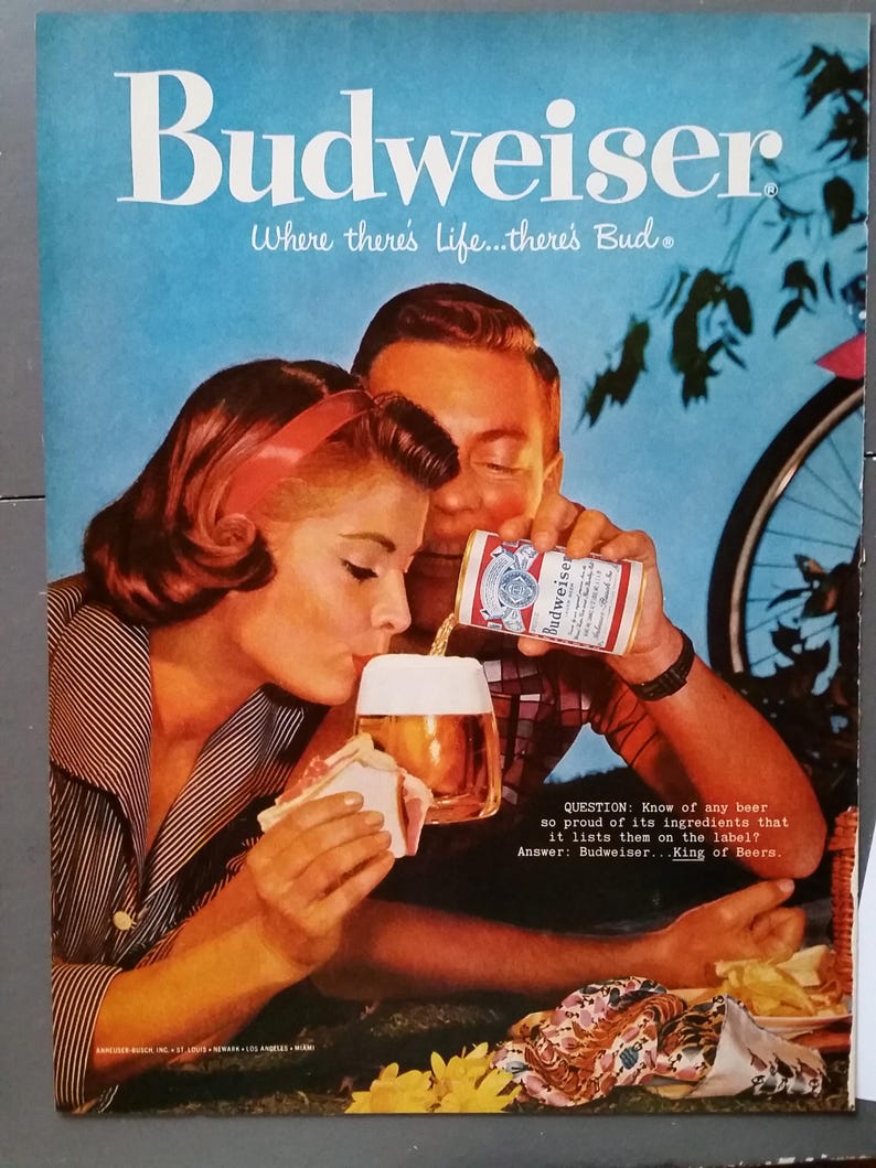 Budweiser Bud Beer Couple Bike Riding Lunch Stop Vintage Beer -man Cave ...