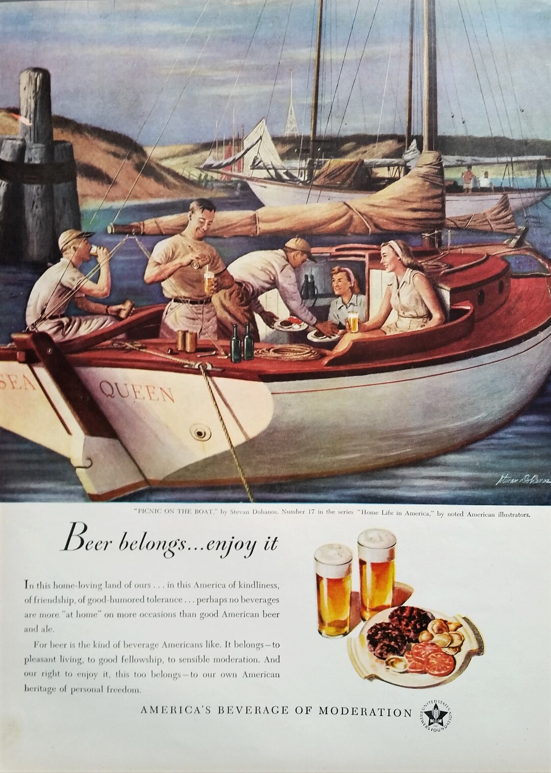 Vintage Beer Ad Color Illustration 40s 'beer Belongs' Cruise Boat 'sea ...